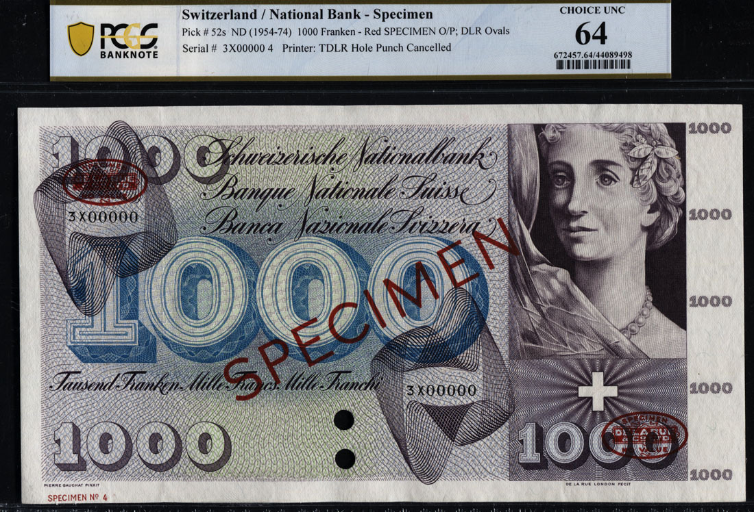 1000 FRANKEN 1954-74 SWITZERLAND SPECIMEN PCGS 64 CHOICE UNCIRCULATED ...