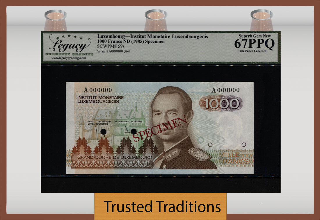 Welt Banknoten 1000 FRANCS 1985 TT PK 59s LUXEMBOURG SPECIMEN LCG 67 ...