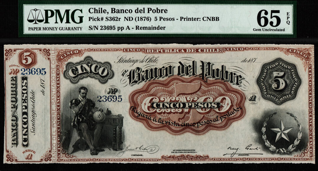 Welt Banknoten 5 ESCUDOS 1876 TT PK S362r CHILE PMG 65 EPQ GEM FINEST ...