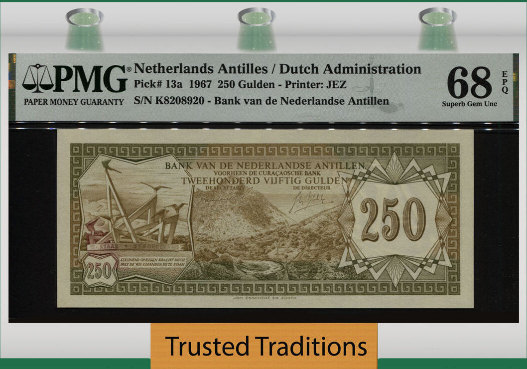 Welt Banknoten 250 GULDEN 1967 TT PK 13a NETHERLANDS ANTILLES PMG 68 ...