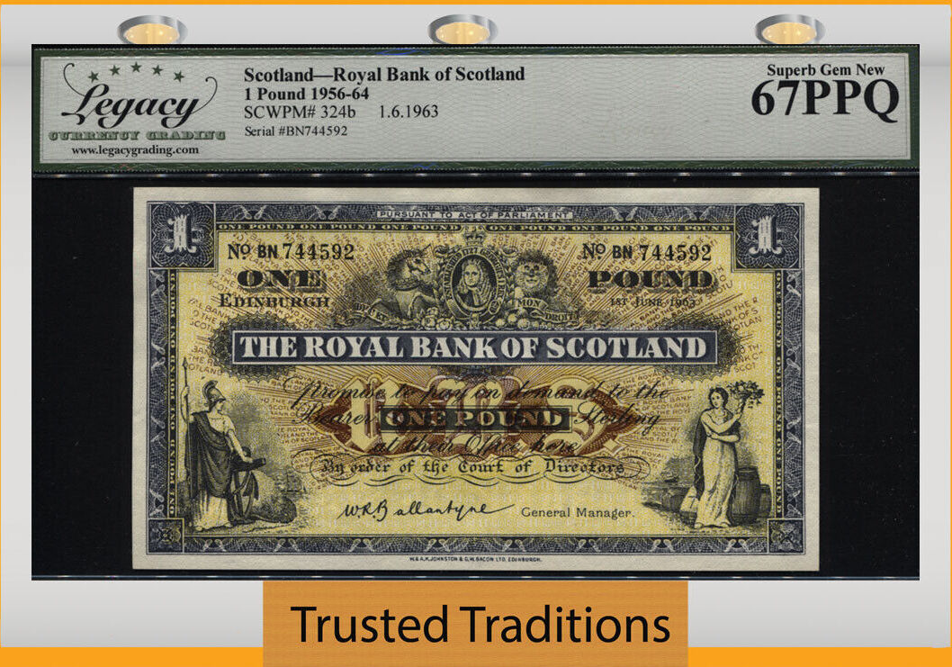 Welt Banknoten 1 POUND TT PK 324b 1956-64 SCOTLAND ROYAL BANK LCG 67Q ...