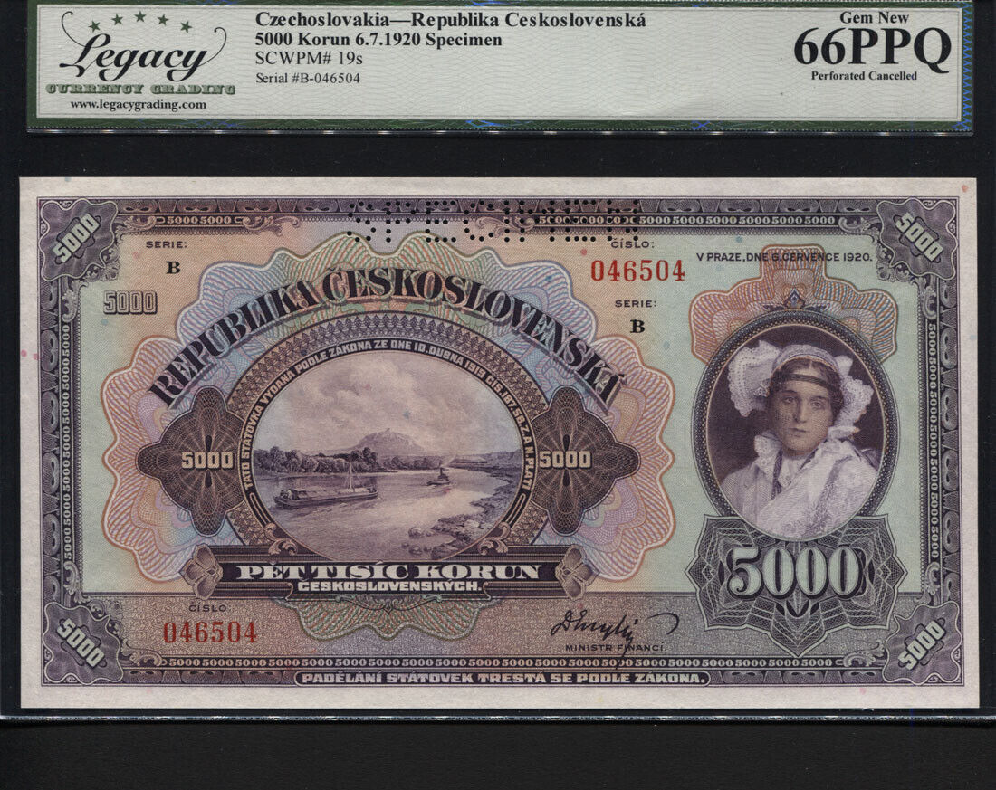 Welt Banknoten 5000 KORUN 1920 TT PK 19s CZECHOSLOVAKIA SPECIMEN LCG 66 ...