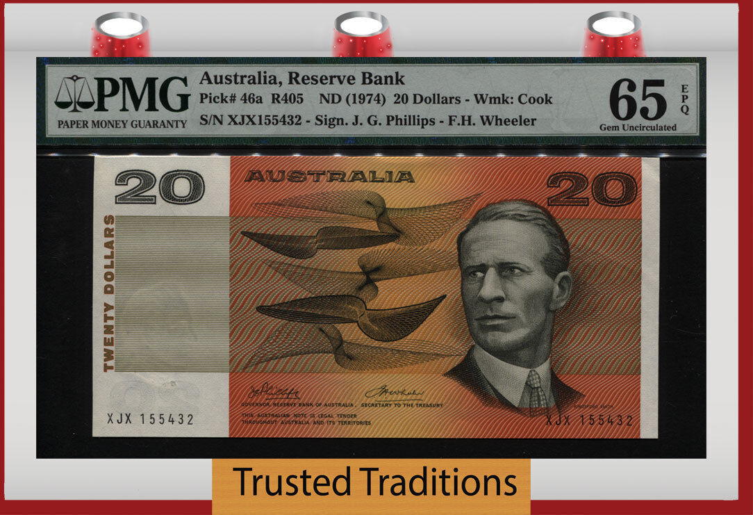 Welt Banknoten 20 DOLLARS 1974 TT PK 46a AUSTRALIA HARGRAVE PMG 65 EPQ ...