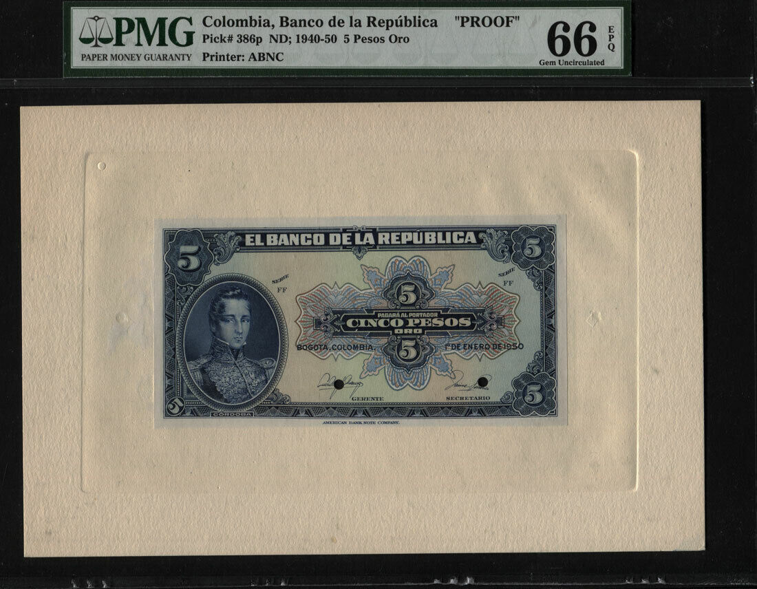 Welt Banknoten 5 PESOS ORO TT PK 386p 1940-50 COLOMBIA FACE PROOF PMG ...