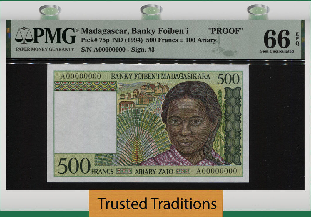 Welt Banknoten 500 FRANCS 1994 TT PK 75p MADAGASCAR = 100 ARIARY PMG ...
