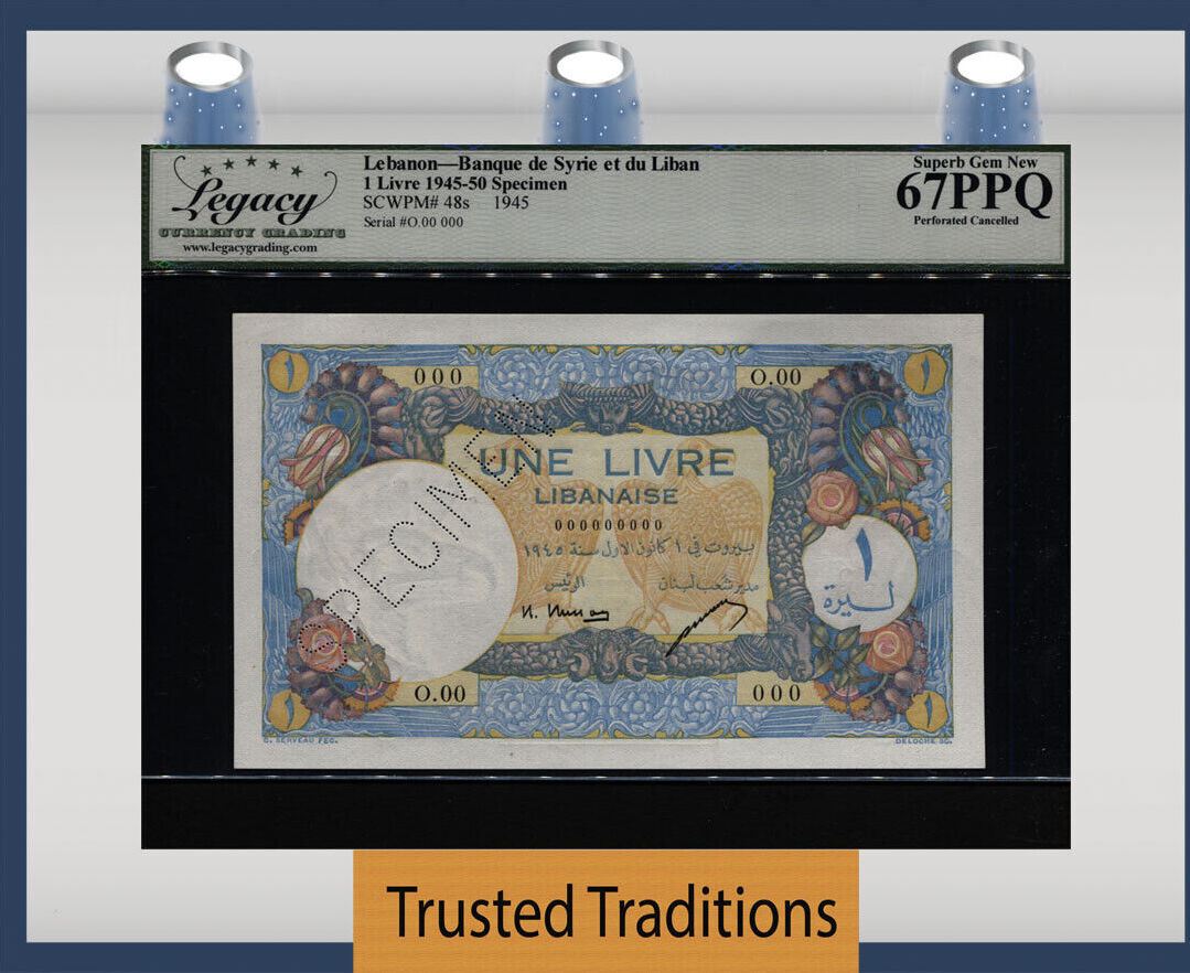 Welt Banknoten 1 LIVRE 1950 TT PK 48s LEBANON SPECIMEN LCG 67 PPQ ...