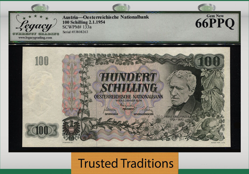 Welt Banknoten 100 SCHILLING 1954 TT PK 133a AUSTRIA LCG 66 PPQ GEM NEW ...