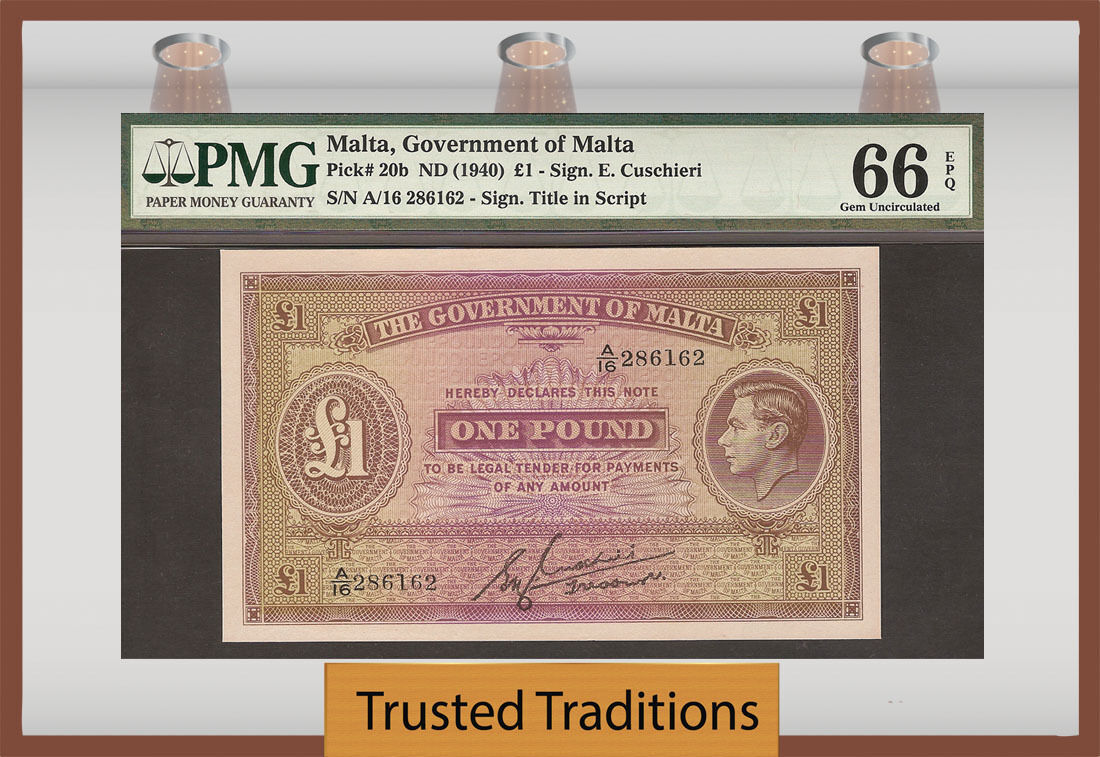 Welt Banknoten 1 POUND 1940 TT PK 20b MALTA KING GEORGE VI PMG 66 EPQ ...