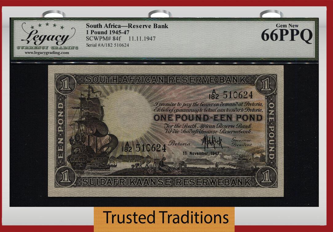 Welt Banknoten 1 POUND TT PK 84f 1945-47 SOUTH AFRICA LCG 66 PPQ GEM ...