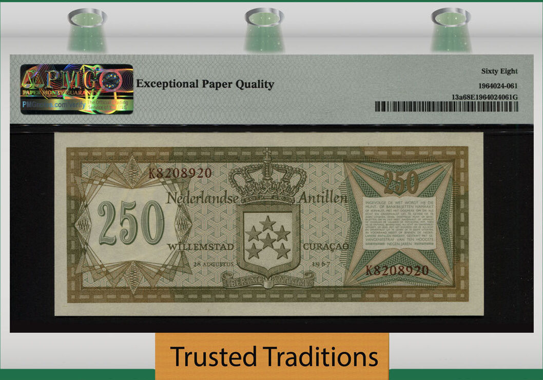 Welt Banknoten 250 GULDEN 1967 TT PK 13a NETHERLANDS ANTILLES PMG 68 ...
