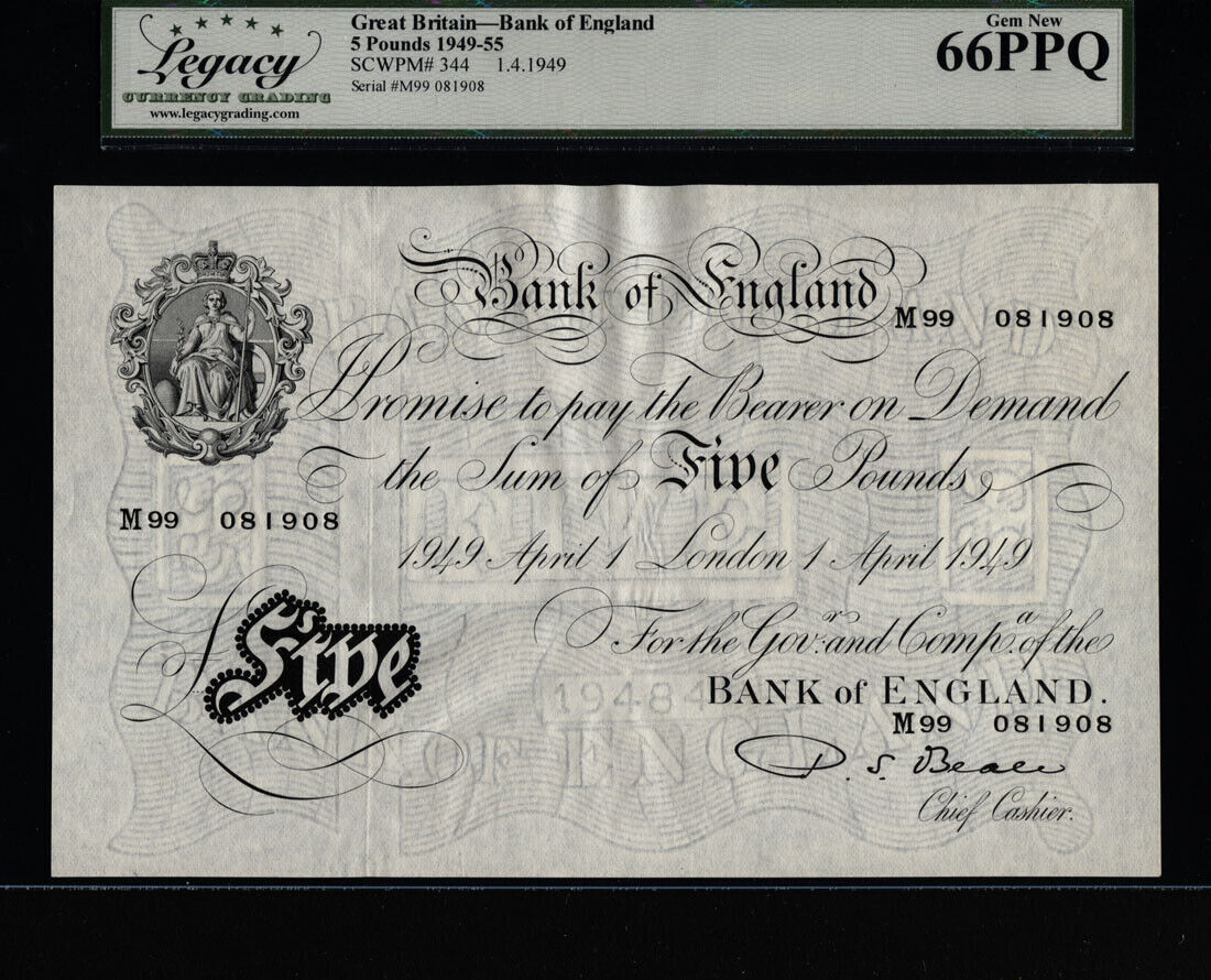 Welt Banknoten 5 POUNDS TT PK 344 1949-55 GREAT BRITAIN LCG 66 PPQ GEM ...