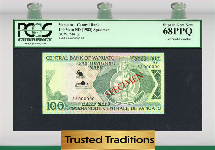 Welt Banknoten 100 VATU 1982 TT PK 1s VANUATU LONG GOD YUMI STANAP PCGS ...