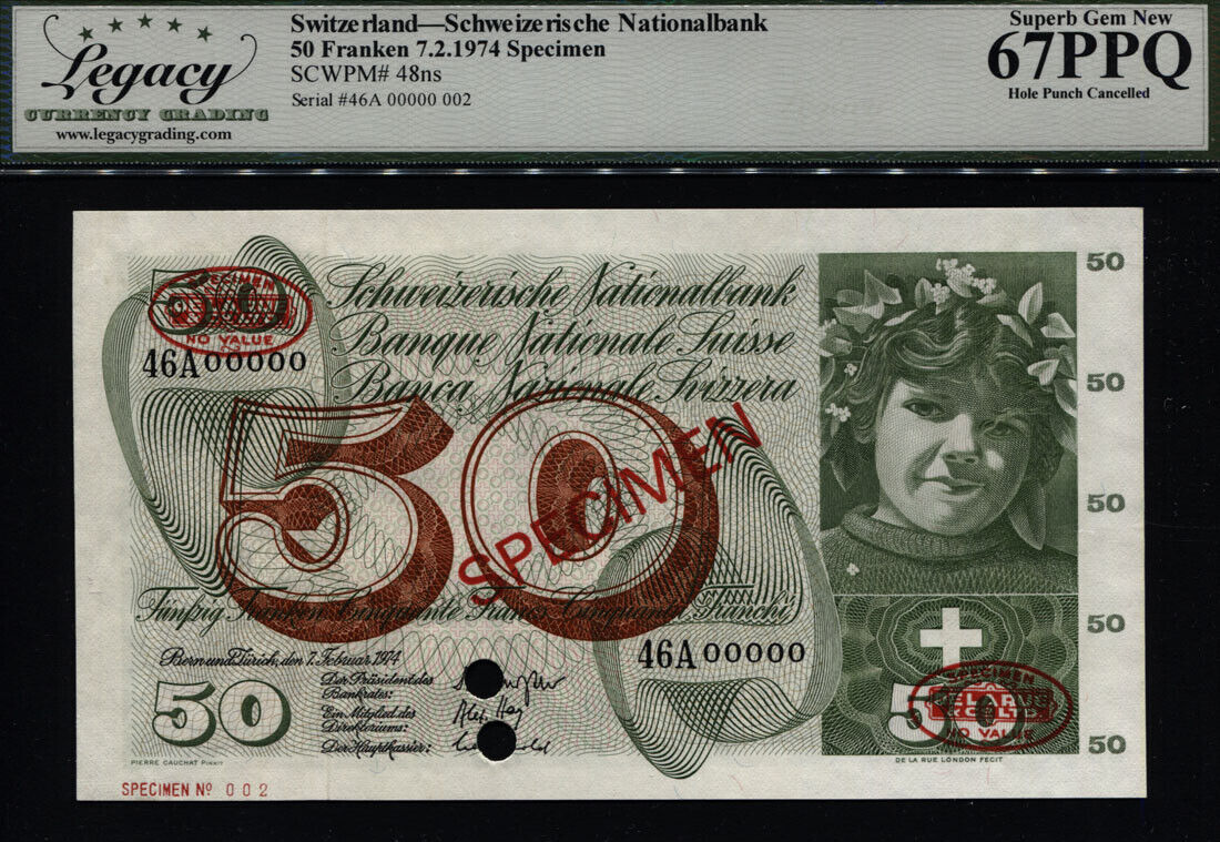 Welt Banknoten 50 FRANKEN 1974 TT PK 48ns SWITZERLAND SPECIMEN LCG 67 ...