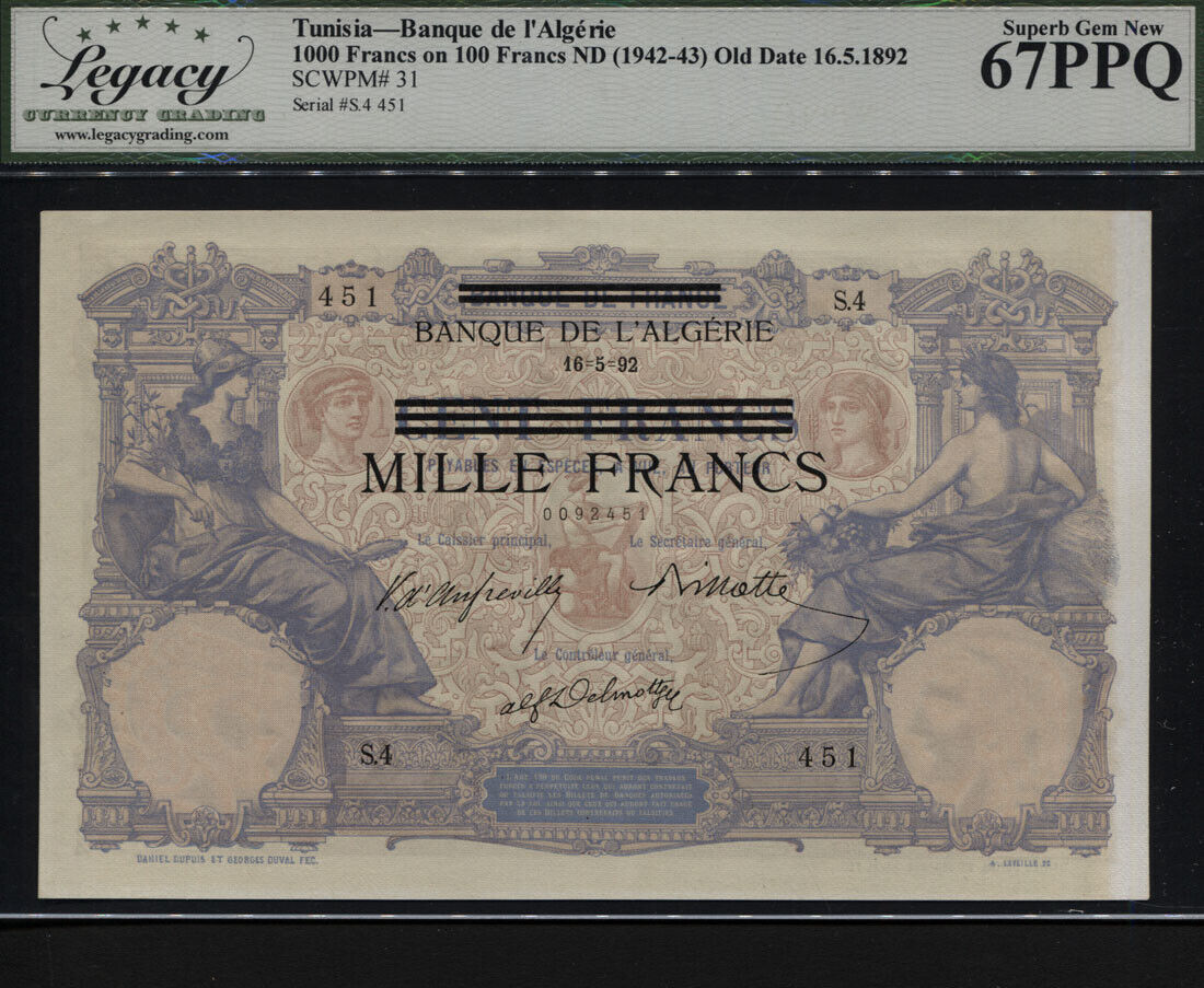 Welt Banknoten 1000 FRANCS TT PK 31 1942-43 TUNISIA ON 100 FRANCS LCG ...