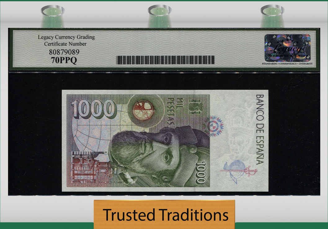 Welt Banknoten TT PK 163 1992 SPAIN 1000 LCG 70 PPQ SUPERB GEM PERFECT ...