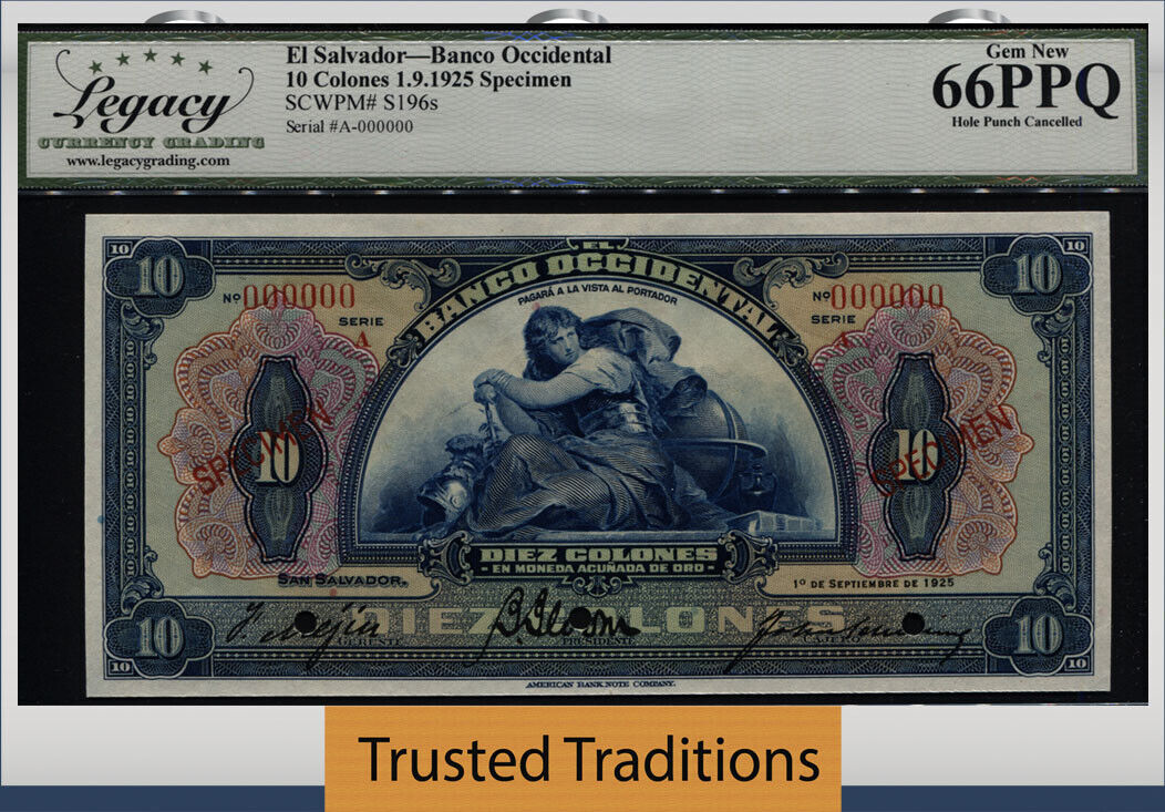 Welt Banknoten 10 COLONES 1925 EL TT PK S196s SALVADOR SCARCE SPECIMEN ...