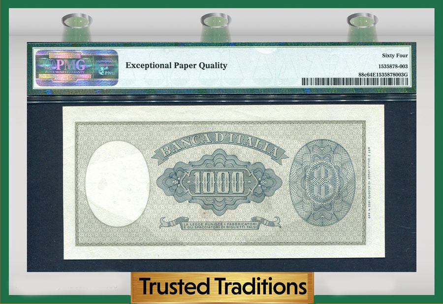 Welt Banknoten 1000 LIRE 1959 TT PK 88c ITALY BANCA D'ITALIA PMG 64 EPQ ...