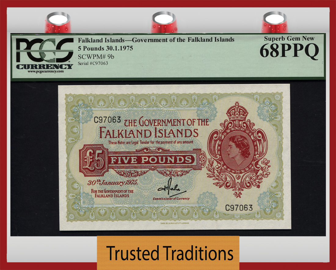 Welt Banknoten 5 POUNDS 1975 TT PK 9b FALKLAND ISLANDS QUEEN ELIZABETH ...