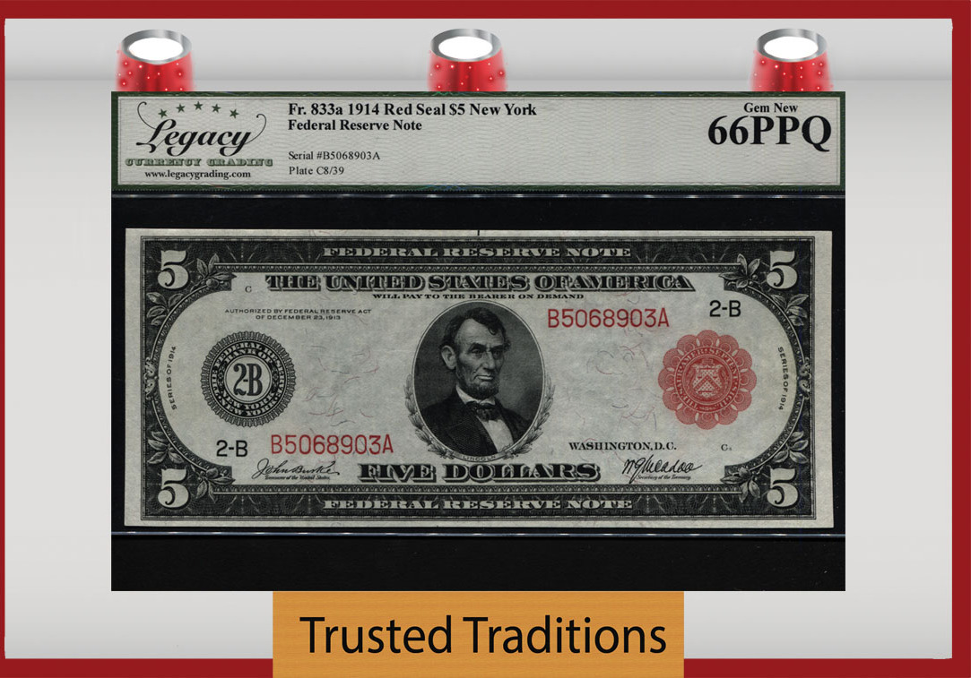USA 5 Dollar 1914 FEDERAL RESERVE NOTE NEW YORK, NY RED SEAL LCG 66 PPQ ...