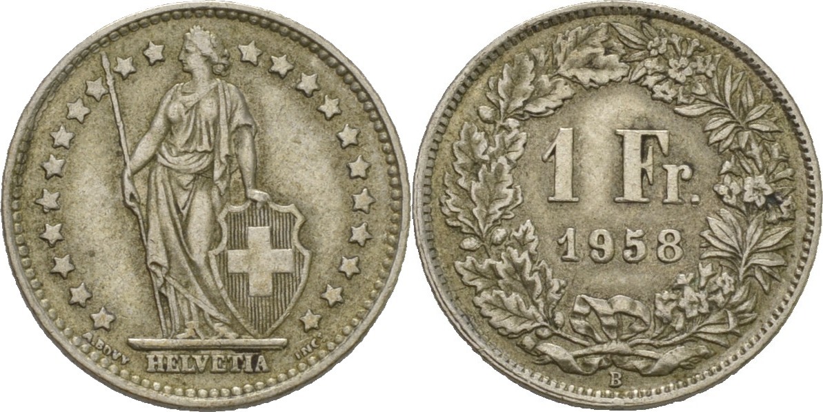 Schweiz 1 Franken 1958 B SS+ | MA-Shops