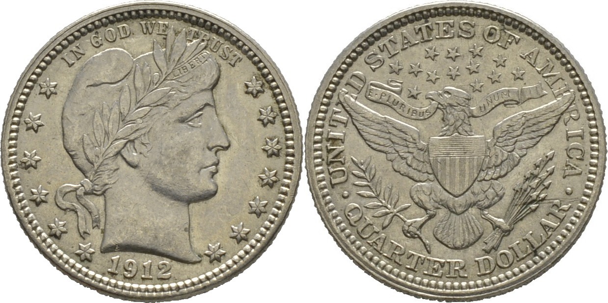 Amerika 1/4 Dollar 1912 Barber Quarter / Philadelphia Vorzüglich | MA-Shops