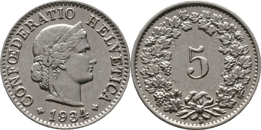 Schweiz 5 Rappen 1934 VZ/magnetisch | MA-Shops