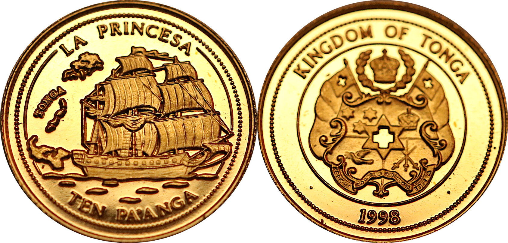 United Kingdom Modern gold coins 1998 Ten Pa'anga La Princesa Kingdom ...