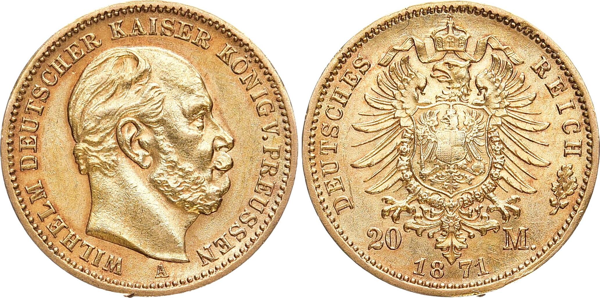 Preussen. 20 Mark 1871 A. Wilhelm I., 1861-1888. Winz. Randfehler, fast ...
