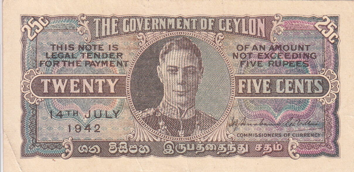 Ceylon 25 Cents 1942 GEORGE VI P.44a ss | MA-Shops