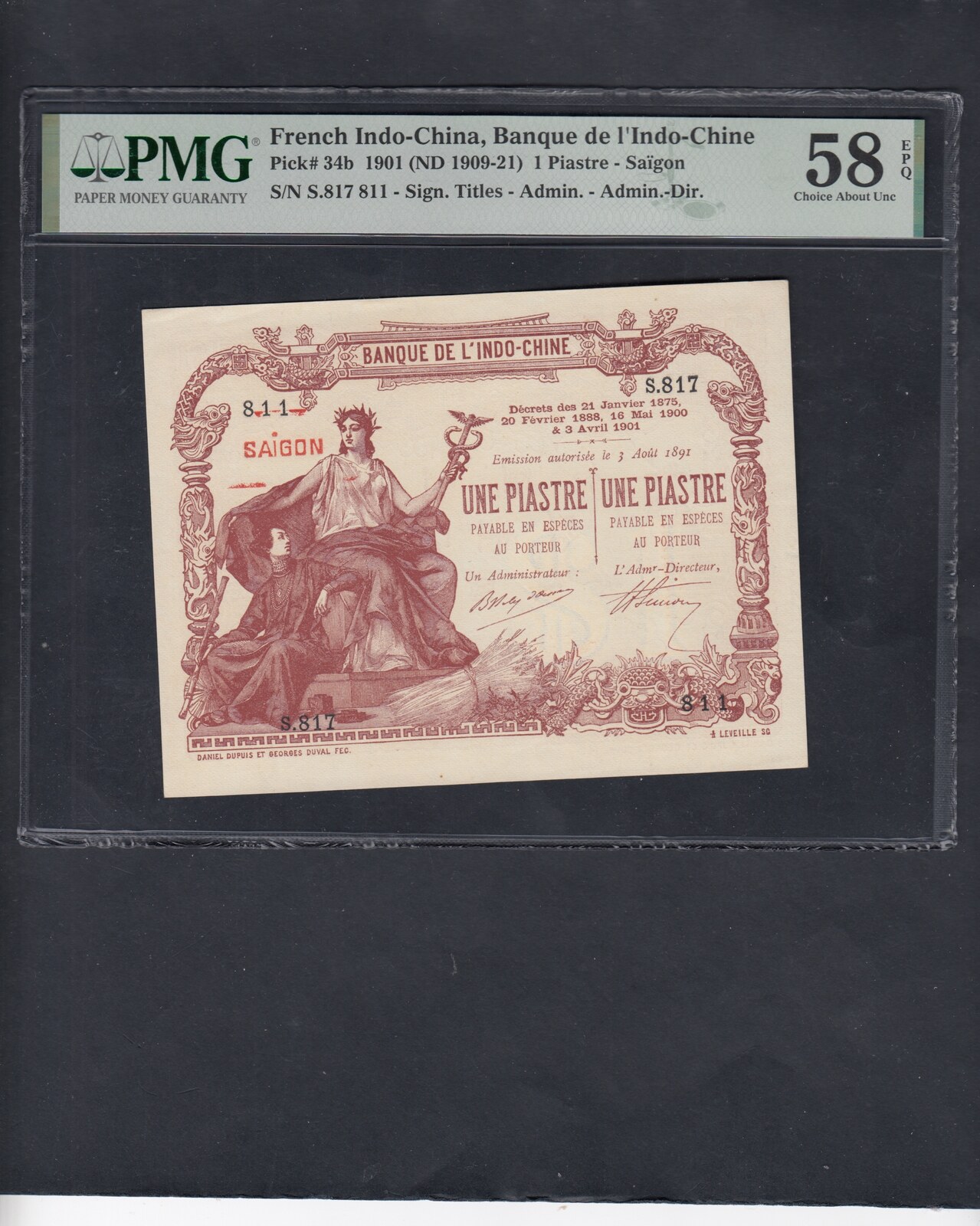 French Indo China 1 Piastre SAIGON PMG 58 1901 WOMAN P.34b unz- | MA-Shops