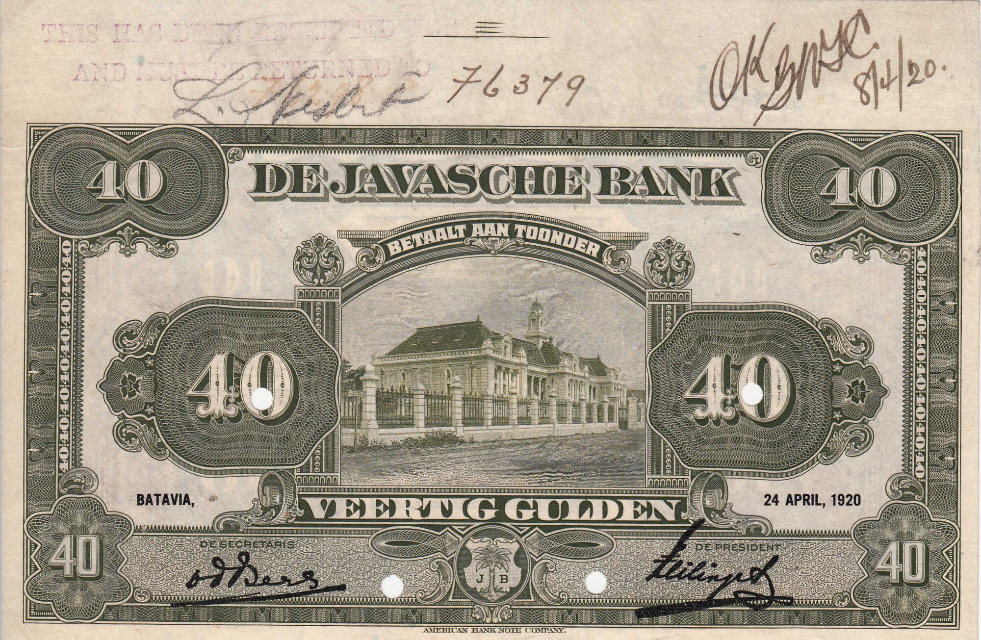 Netherlands Indies 40 Gulden (MEV131a) PROOF 1920 BANK P.68a unz | MA-Shops