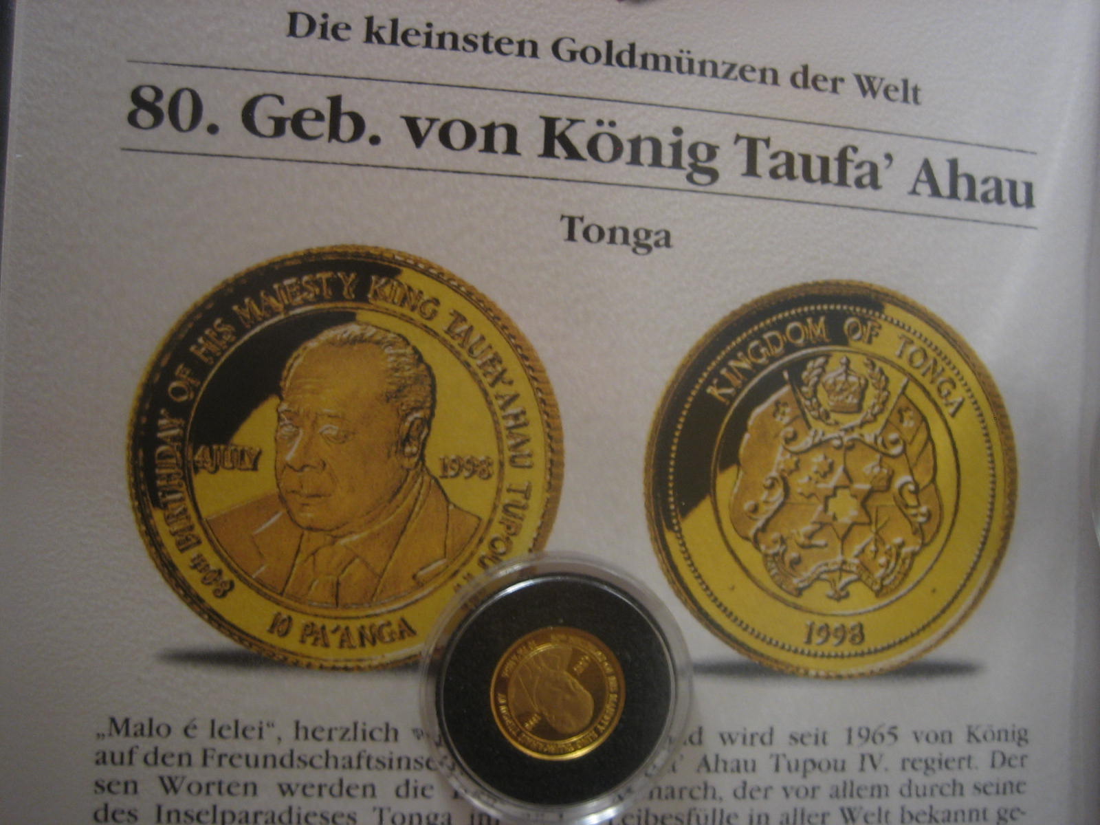 Tonga 10 Pa'anga 1998 König Taufa Ahau 1/25 Unze Gold. Die kleinsten ...