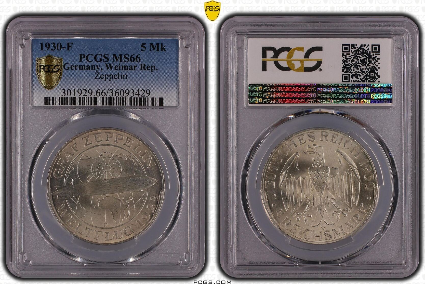 Germany, Weimar Rep. 5 Mark 1930 F PCGS MS66 | MA-Shops