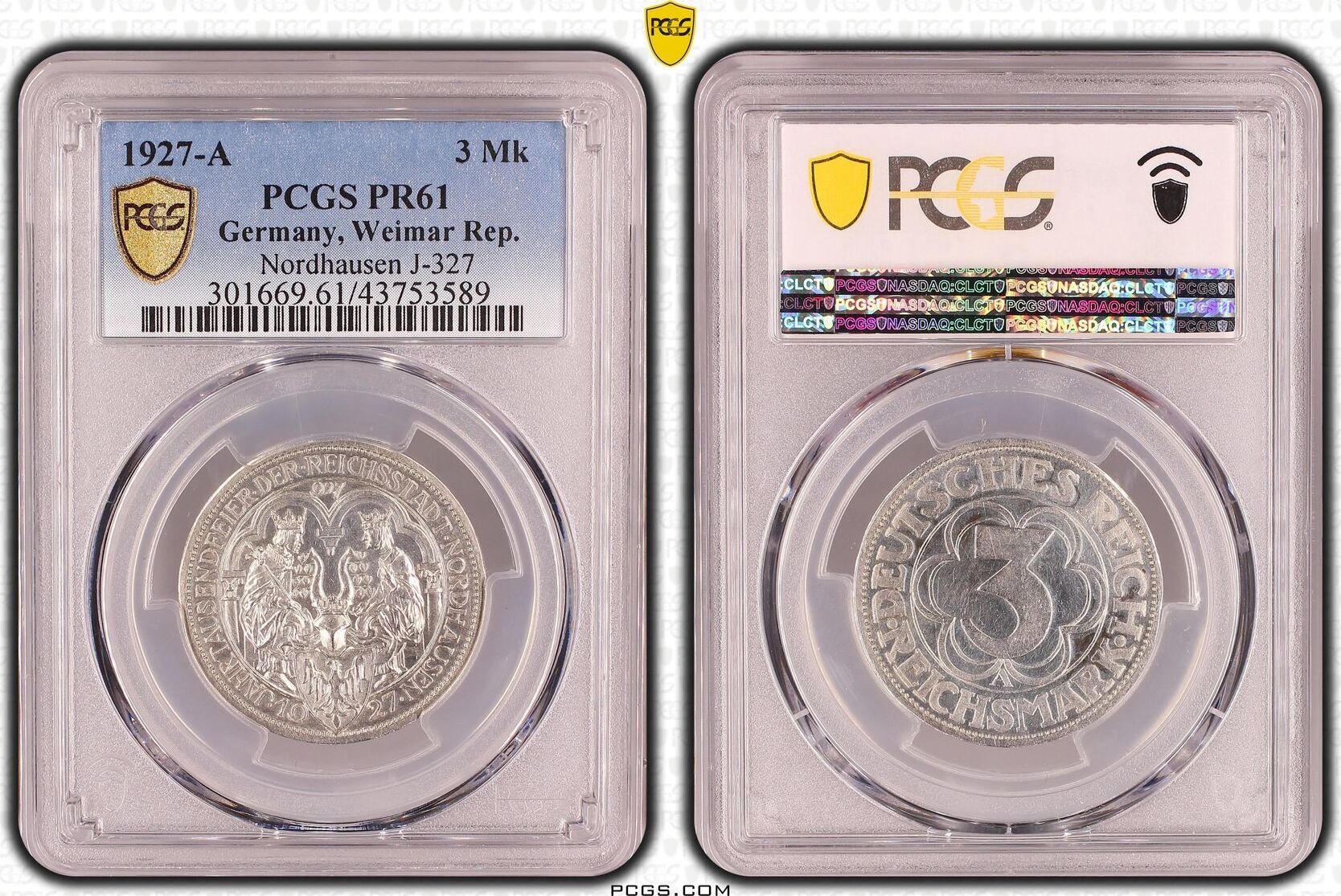 Germany, Weimar Rep. 3 Mark 1927-A Nordhausen PCGS PR61 | MA-Shops