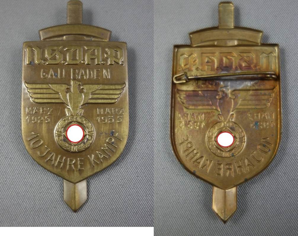 3.Reich 1933-1945 Erinnerungsabzeichen NSDAP-Gau Baden -10 Jahre Kampf ...
