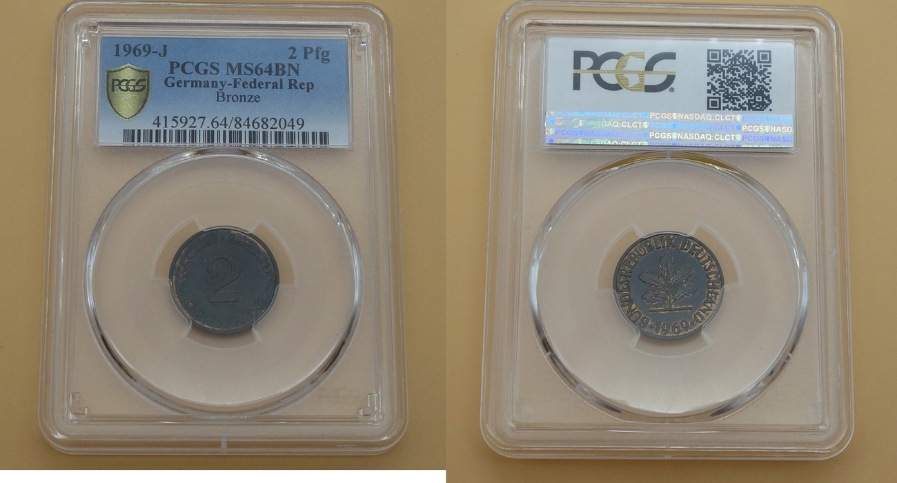 BRD 2 Pfennig 1969 J Sehr selten Bronzeprägung! MS64BN | MA-Shops