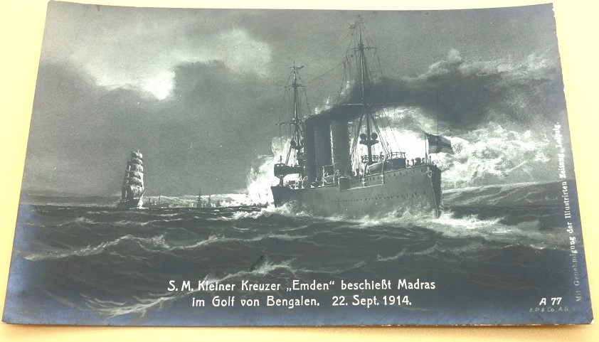 Deutsches Reich 1871-1918 Postkarte Kleiner Kreuzer Emden beschießt ...