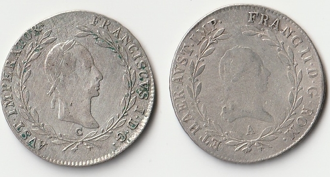 Österreich 2x 20 Kreuzer 1806 A, 1830 C Franz II. und I. ss | MA-Shops