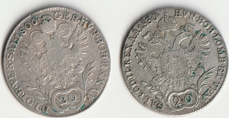 Österreich 2x 20 Kreuzer 1806 A, 1830 C Franz II. und I. ss | MA-Shops