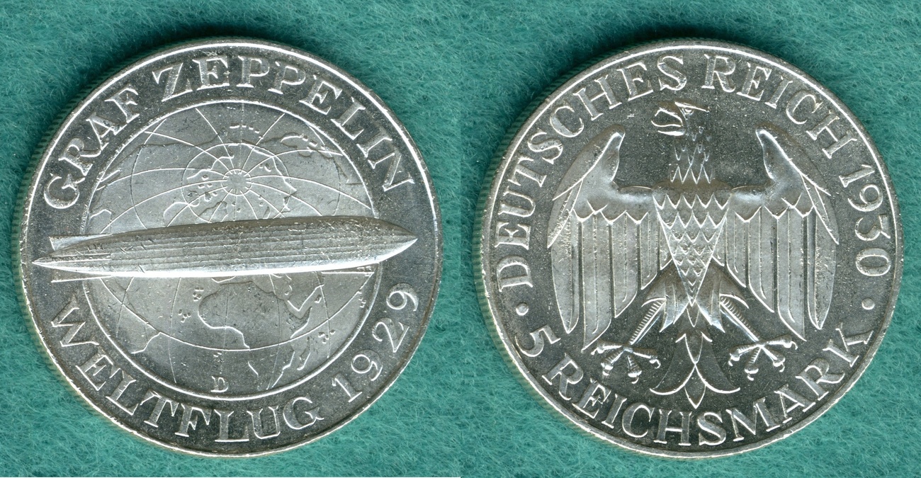 Weimarer Republik 5 Reichsmark 1930 D Graf Zeppelin vz/stgl. | MA-Shops