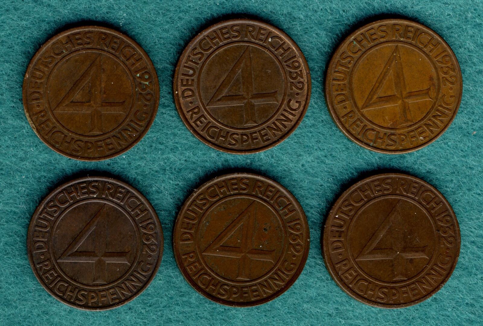Weimarer Republik 4 Pfennig 1932 ADEFGJ Kompletter Satz ss-ss/vz | MA-Shops