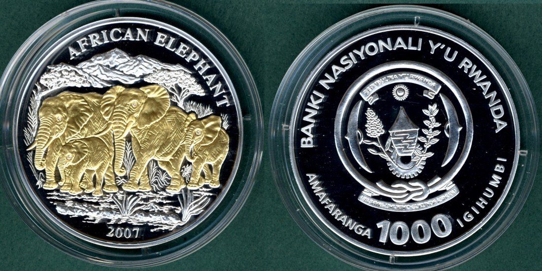 Ruanda 1000 Amafaranga 2007 Elefanten / 3 oz. Ag teilvergoldet mit ...