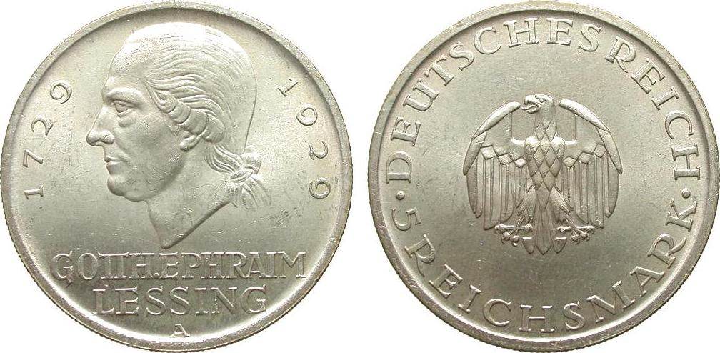 Weimarer Republik 5 Mark Lessing 1929 A min. Rf., vorzüglich ...