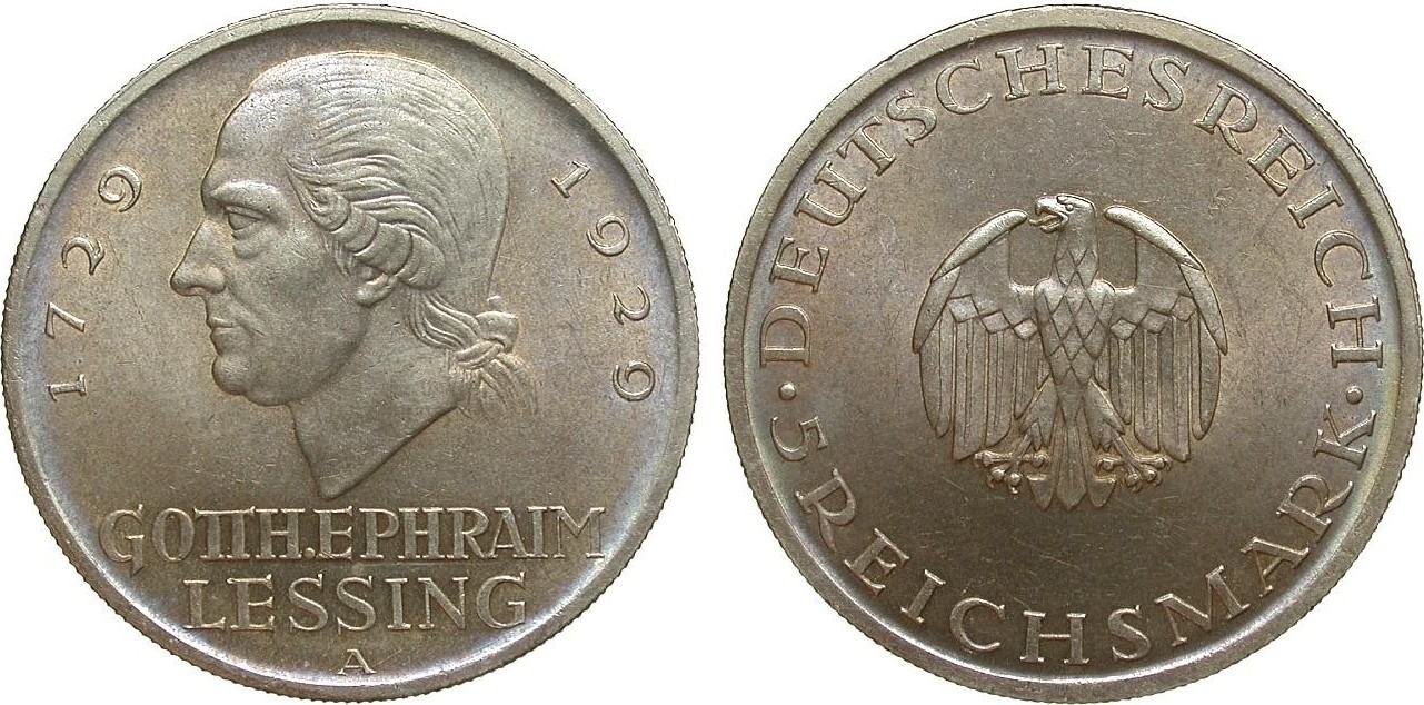 Weimarer Republik 5 Mark Lessing 1929 A vorzüglich - Stempelglanz | MA ...