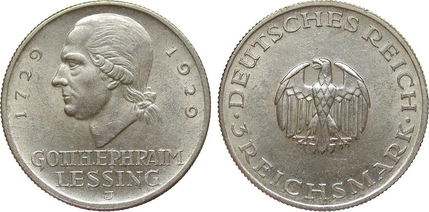 Weimarer Republik 3 Mark Lessing 1929 J fast vorzüglich / vorzüglich ...