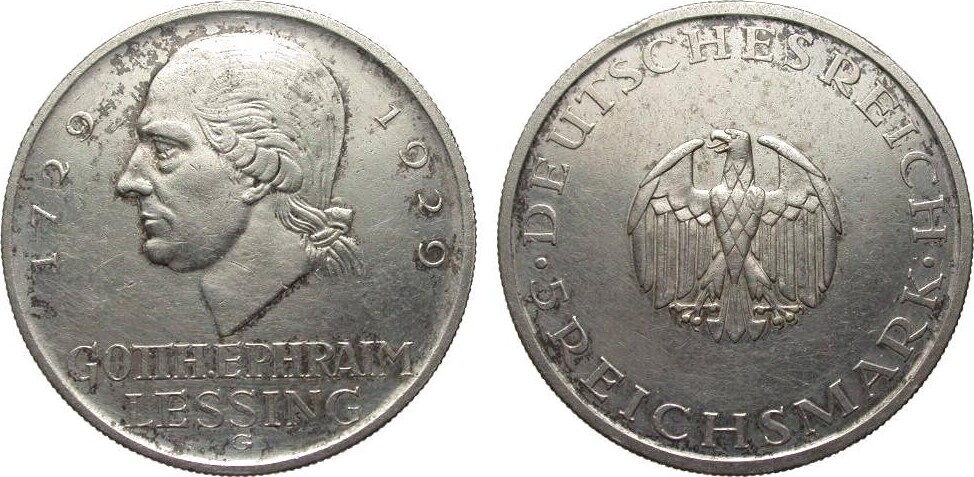 Weimarer Republik 5 Mark Lessing 1929 G kl. Rf., berieben, gutes sehr ...