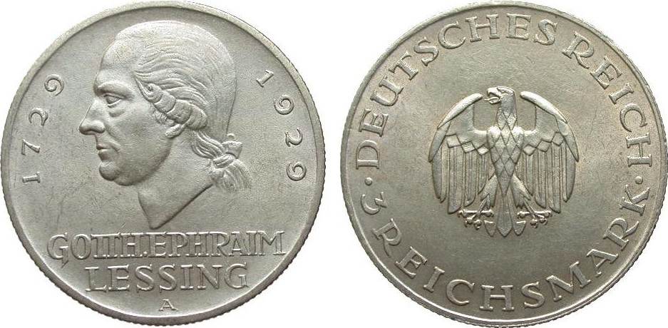 Weimarer Republik 3 Mark Lessing 1929 A gutes vorzüglich | MA-Shops