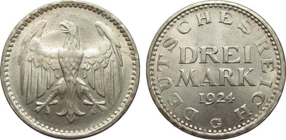 Weimarer Republik 3 Mark Kursmünze 1924 G Wertseite vz+, Adlerseite vz/St | MA-Shops