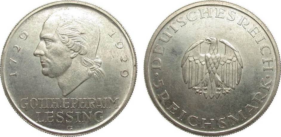 Weimarer Republik 5 Mark Lessing 1929 G min. berieben, gutes vorzüglich ...