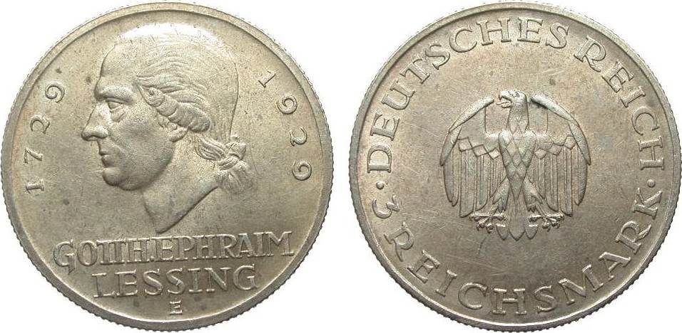 Weimarer Republik 3 Mark Lessing 1929 E knapp vorzüglich | MA-Shops
